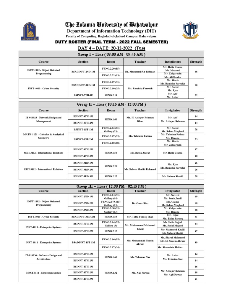Duty-Roster - Tue - 20-12-2022-Final Fall 2022-Dit-Foc-Iub | PDF ...