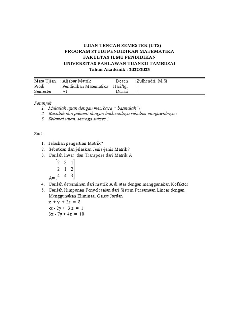 UTS Aljabar Matrik 22-23 | PDF