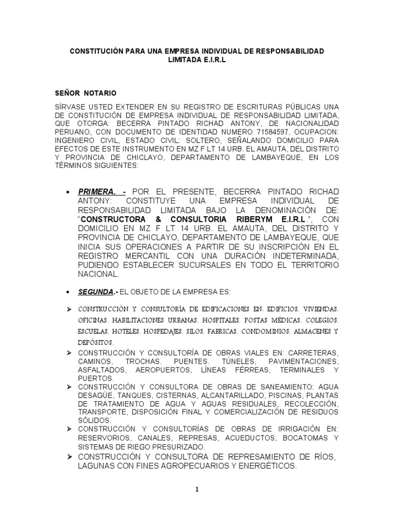 Modelo De Minuta De Constitucion De Empresa