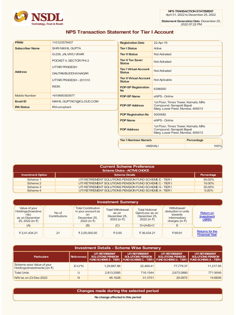 NPS Transaction Statement For Tier I Account: Current Scheme Preference ...