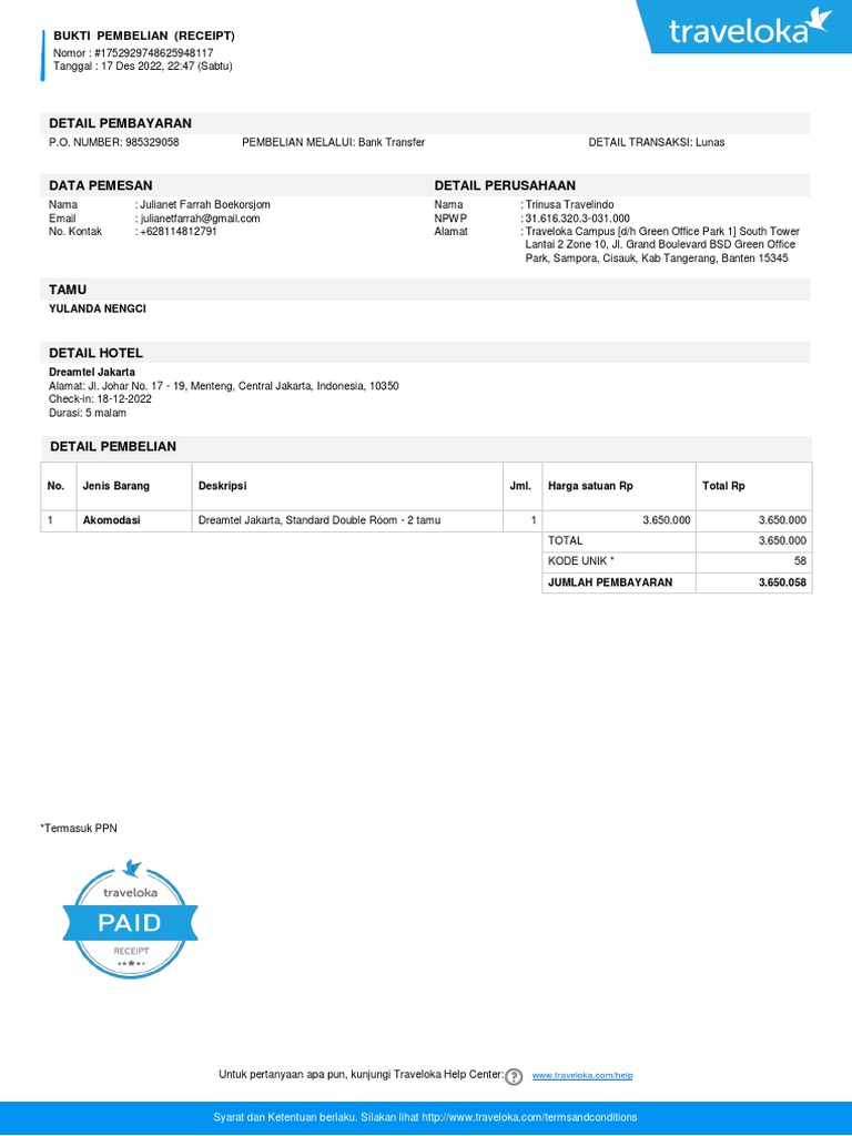 Kwitansi Hotel Ibu Opik | PDF