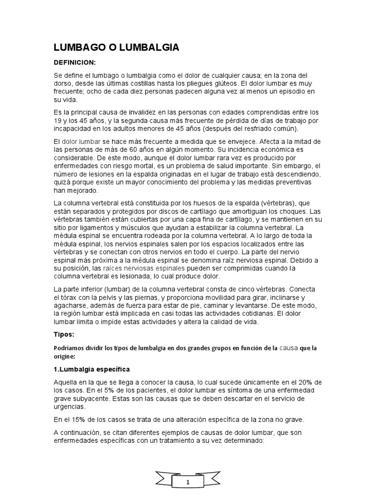 Lumbago o Lumbalgia Yciatica | PDF | Dolor lumbar | Medicina CLINICA