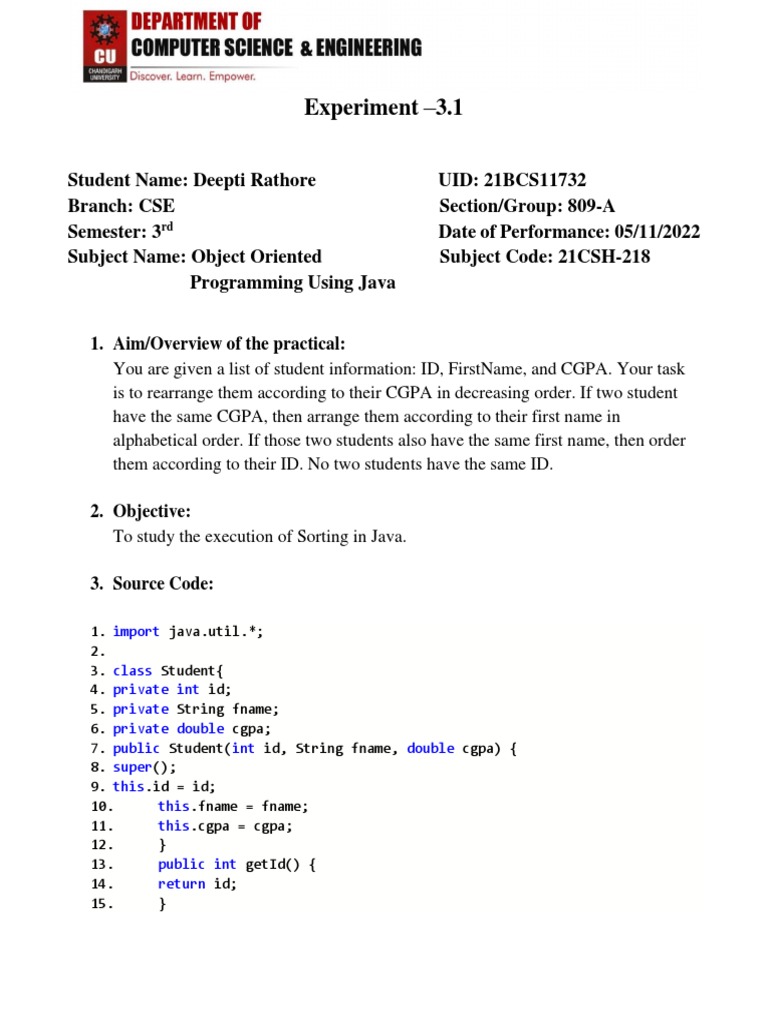 Experiment 3.1 Sorting Students by CGPA and Name in Java | PDF