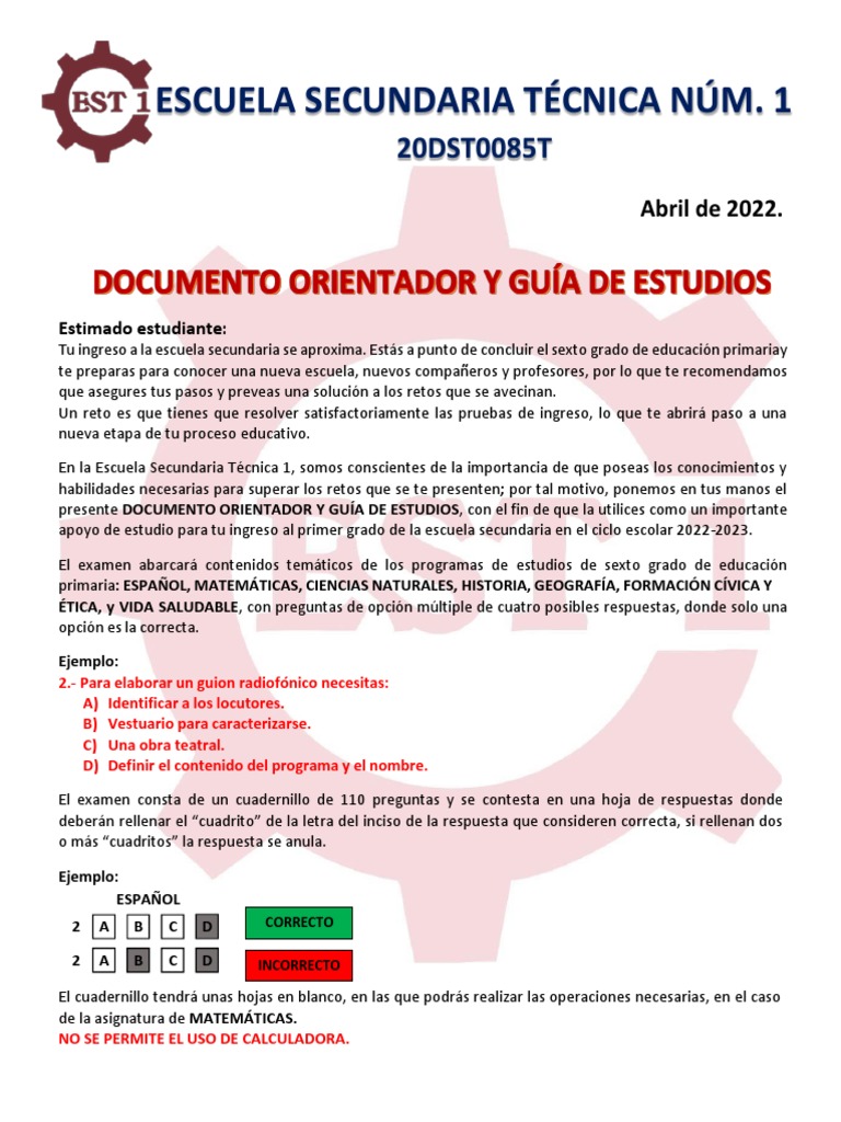Documento Orientador y Guia de Estudios Est 1 Examen de Nuevo Ingreso ...