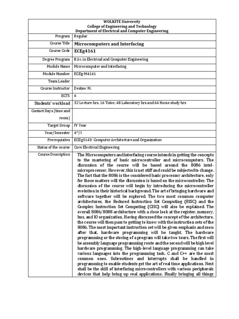 Course Outline | PDF | Microcontroller | Microprocessor