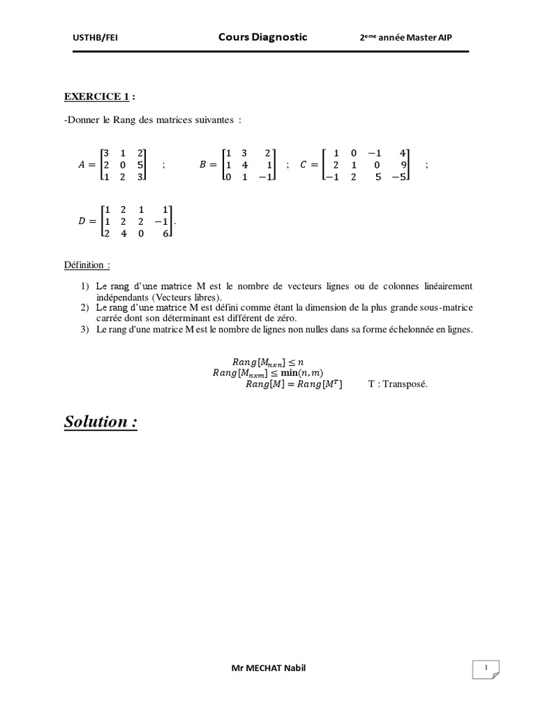 Calcul du Rang d'une Matrice | PDF | Matrice (Mathématiques) | Algèbre ...