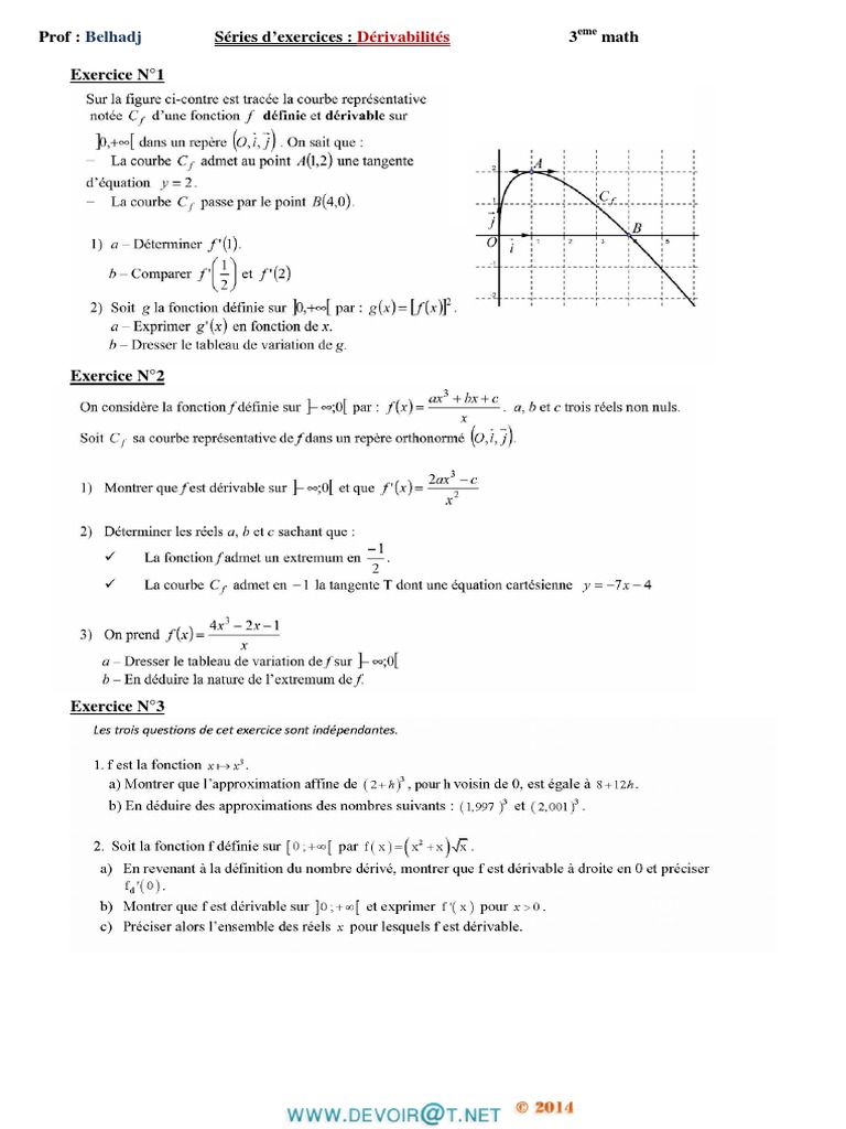 Série D'exercices - Math Dérivabilités 3M - 3ème Mathématiques (2014 ...