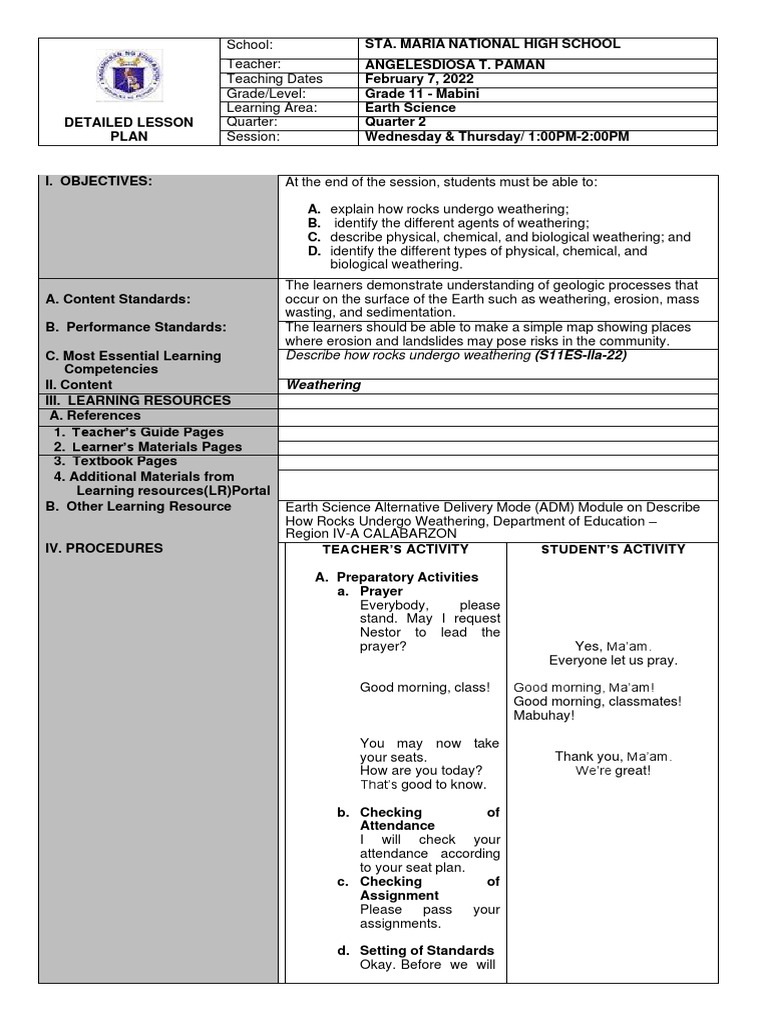 ANGELESDIOSA - PAMAN - DETAILED LESSON PLAN - SHS Applicant-1 | PDF | Rock (Geology) | Weathering