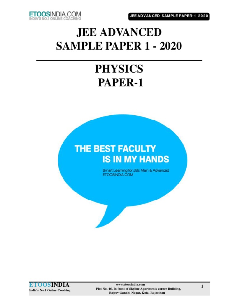 Jee Advanced Sample Paper 1 - 2020 Physics Paper-1: Etoos | Download Free PDF | Friction ...