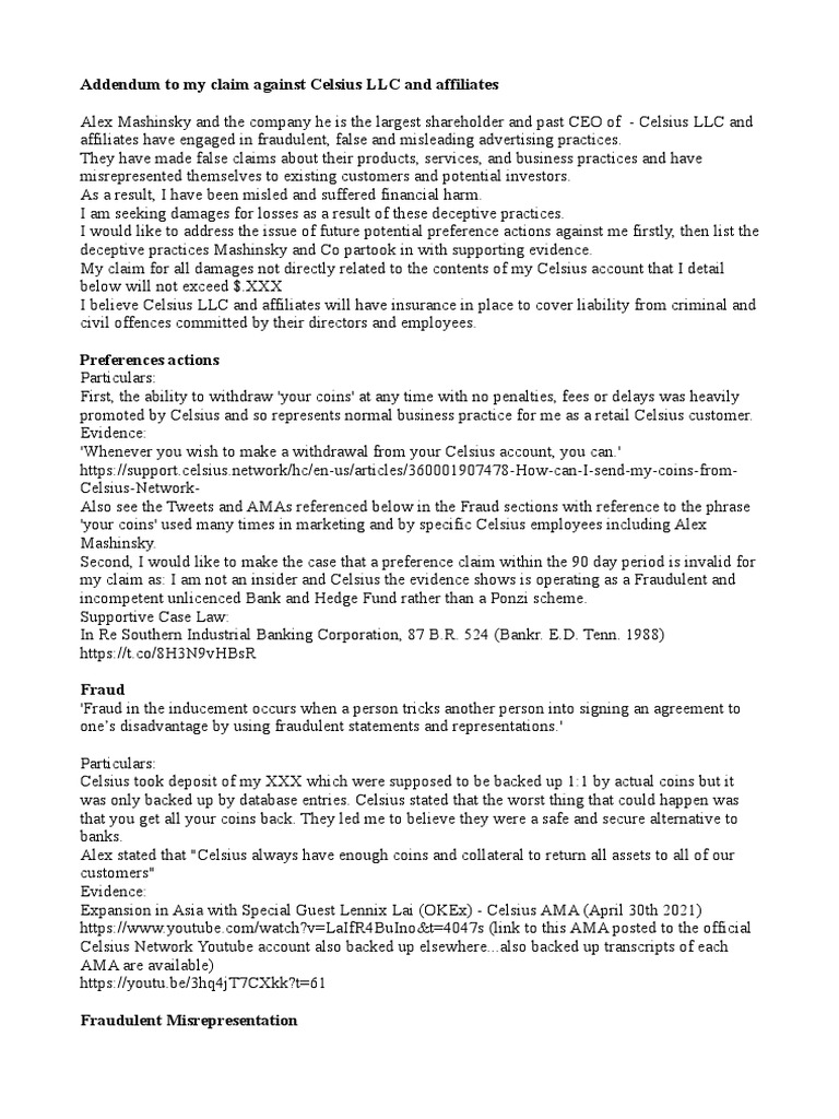 Court Addendum Generic | PDF | Fiduciary | Fraud