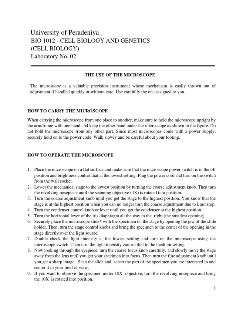 BIO1012 - The Use of Microscope Handout | PDF | Microscope | Optical Devices