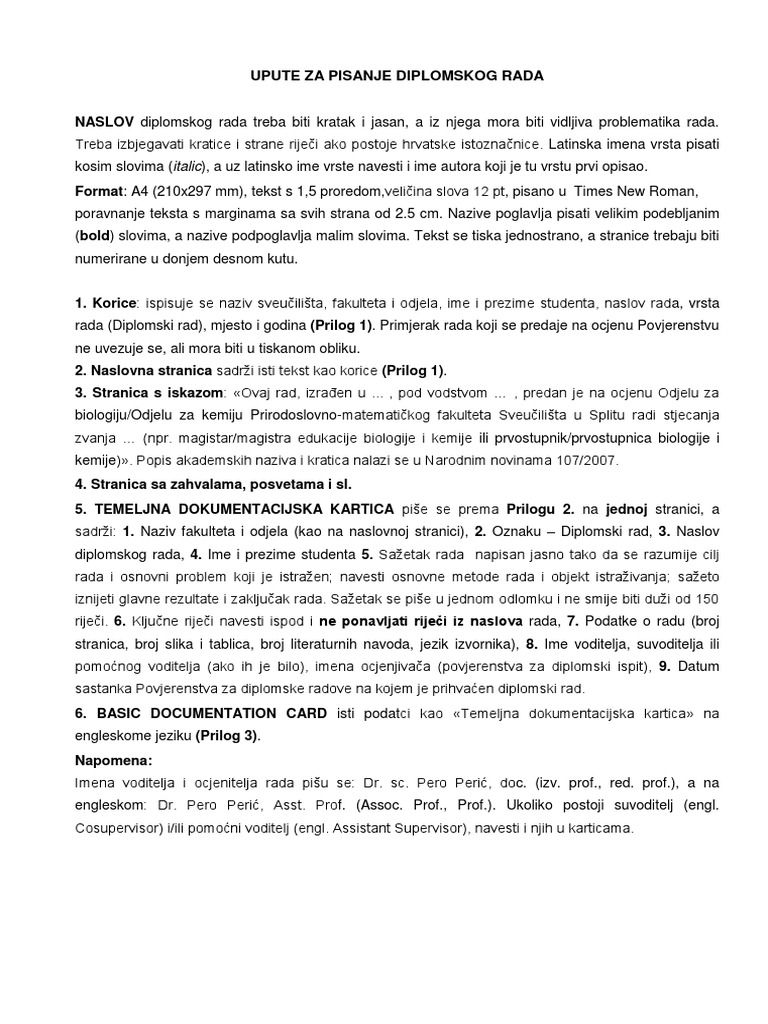 Upute Za Pisanje Diplomskog Rada | PDF