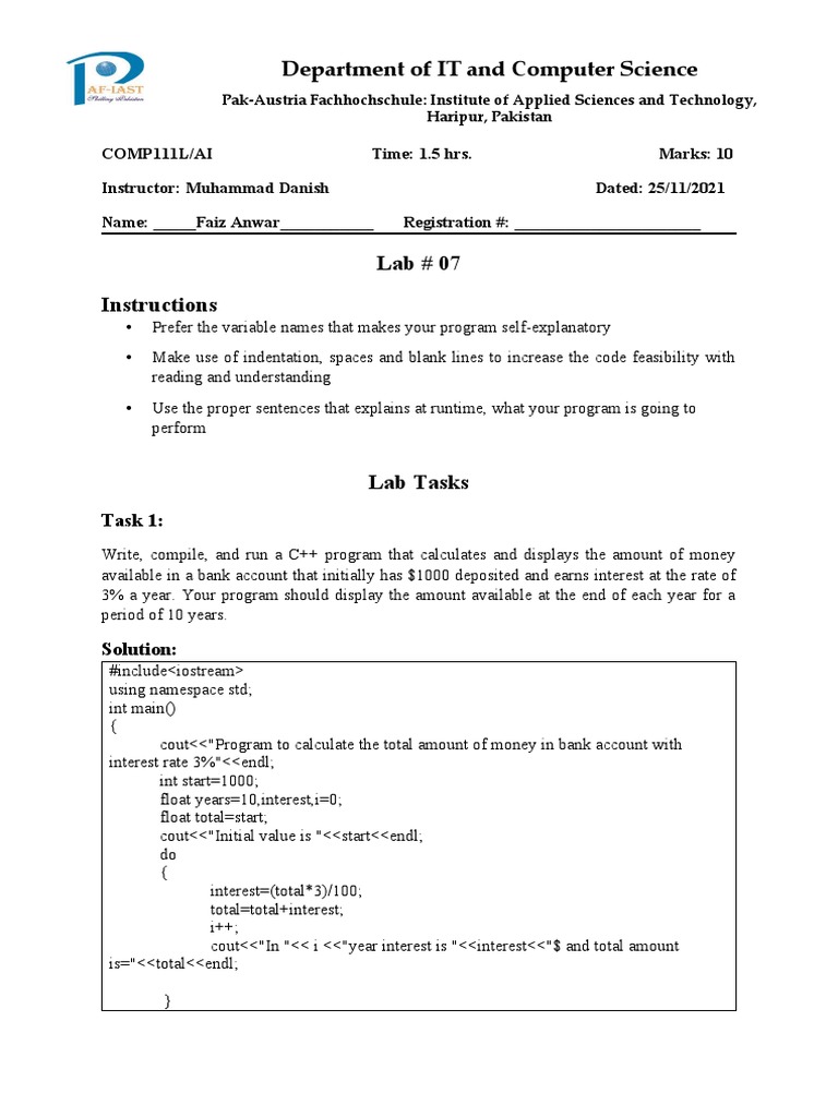 Ai-Comp111 - Lab 7 Faiz Anwar | PDF | Integer (Computer Science) | C++