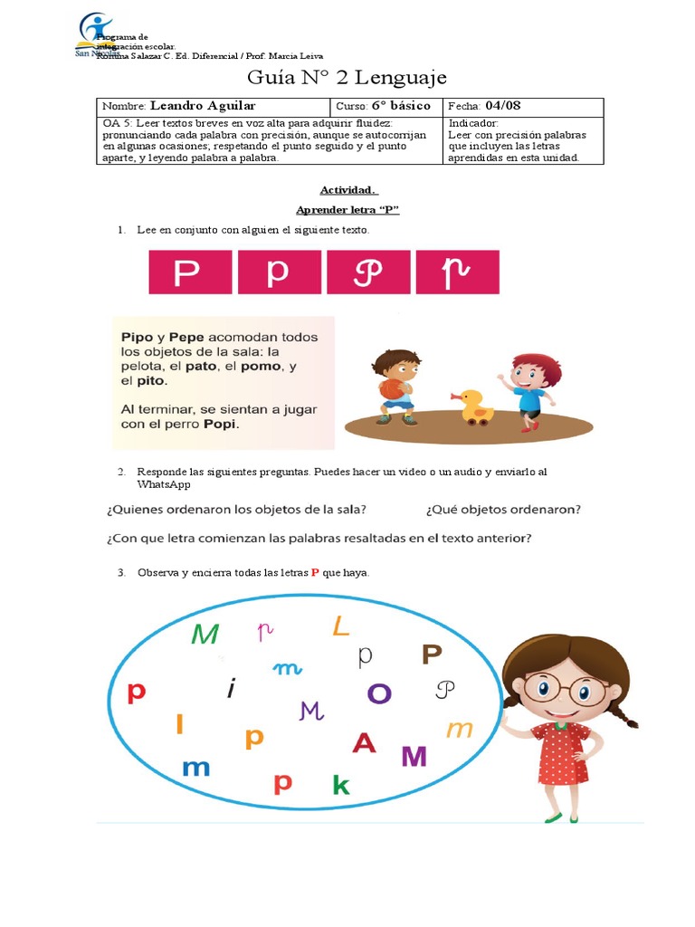 Guía 2 Lenguaje Letra P | PDF