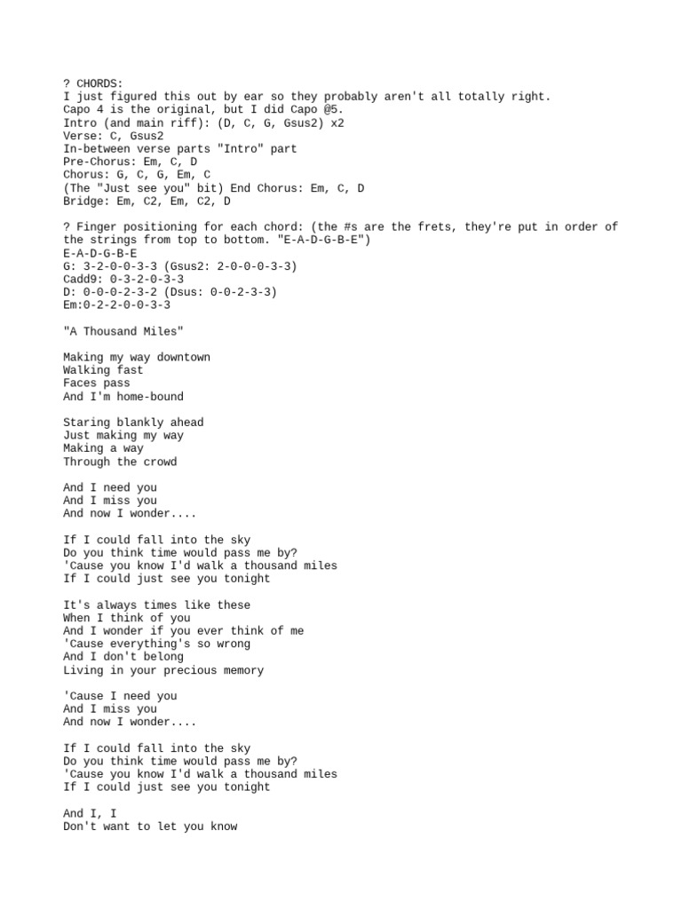 A Thousand Miles Chords & Lyrics | PDF