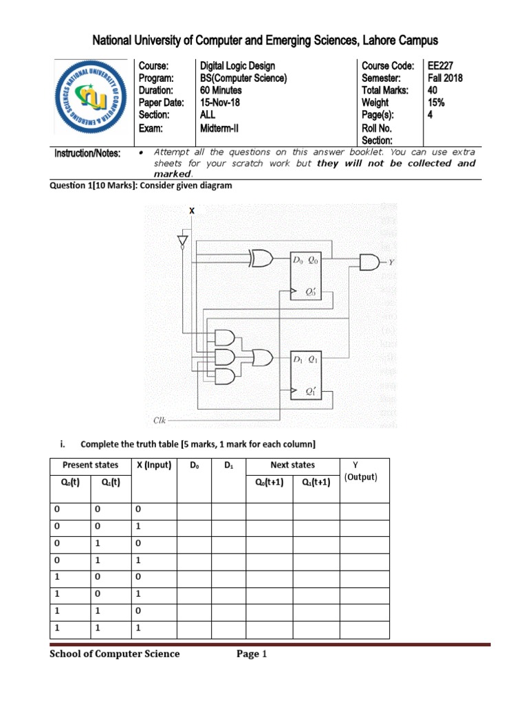 DLD Mid II V2 Fall 2018 | PDF | Input/Output | Digital Electronics