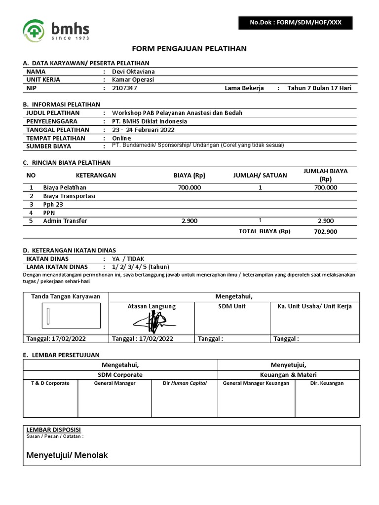 Form Pengajuan Pelatihan - Devi Oktaviana | PDF
