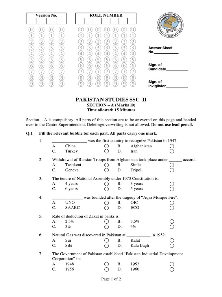 SSC-II Pakistan Studies (All Sets With Solution) - Combined | PDF | Pakistan | Afghanistan