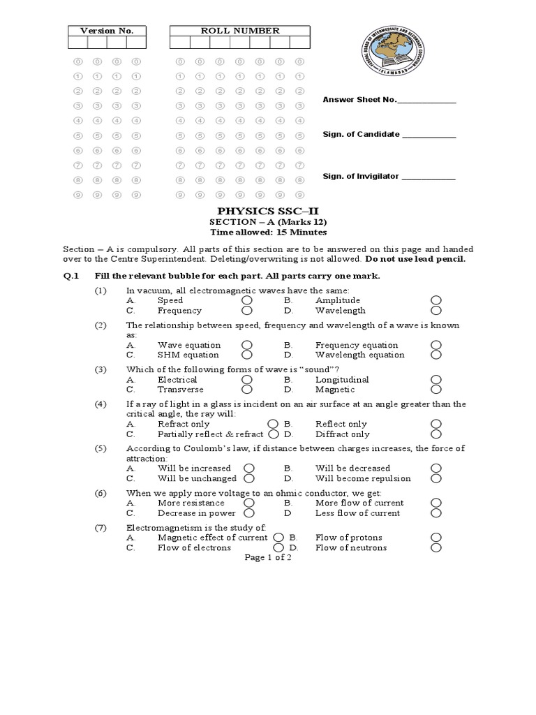 SSC-II Physics (All Sets With Solutions) - Combined | PDF | Transformer ...