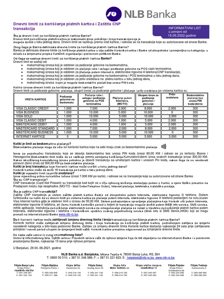 Dnevni Limiti Za Koriscenje Platnih Kartica Primjeni Od 15.05.22 | PDF