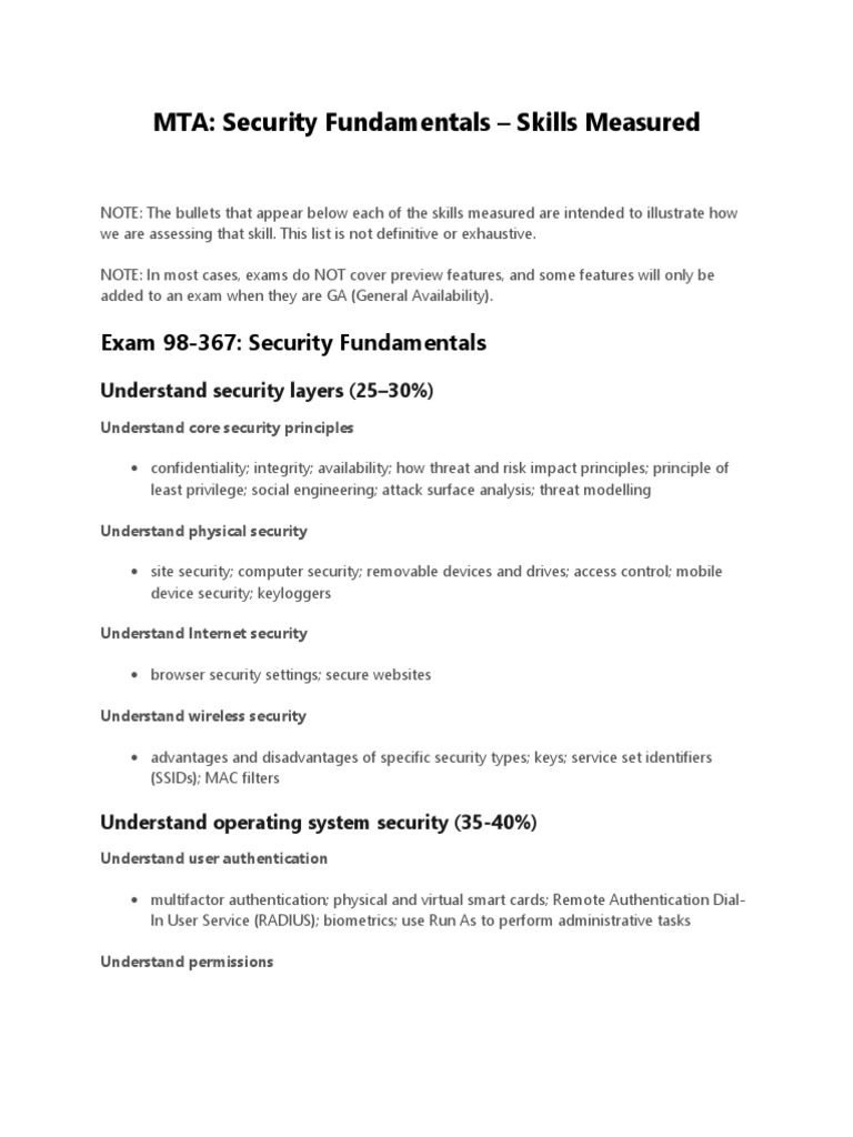 Mta Security Fundamentals Skills Measured Pdf Security Computer