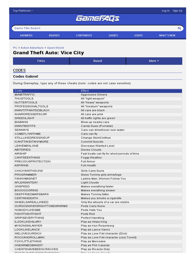 Grand Theft Auto - Vice City Cheats, Codes, and Secrets For PC ...