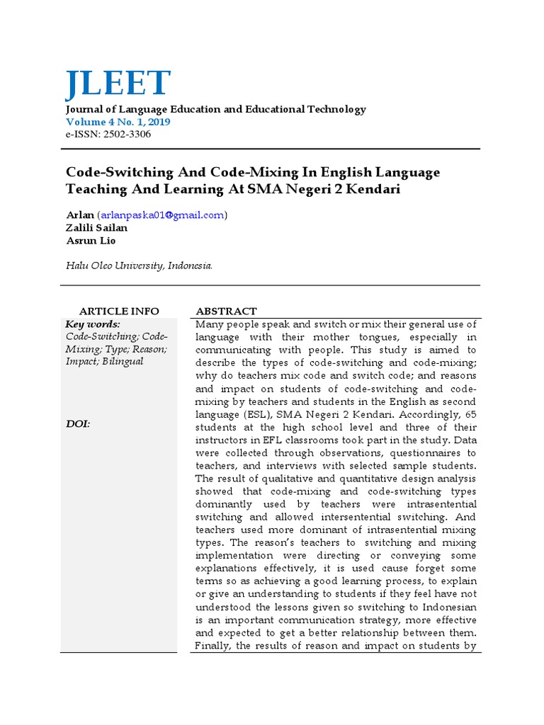 Types, Reasons, and Impacts of Code-Switching and Code-Mixing in ...