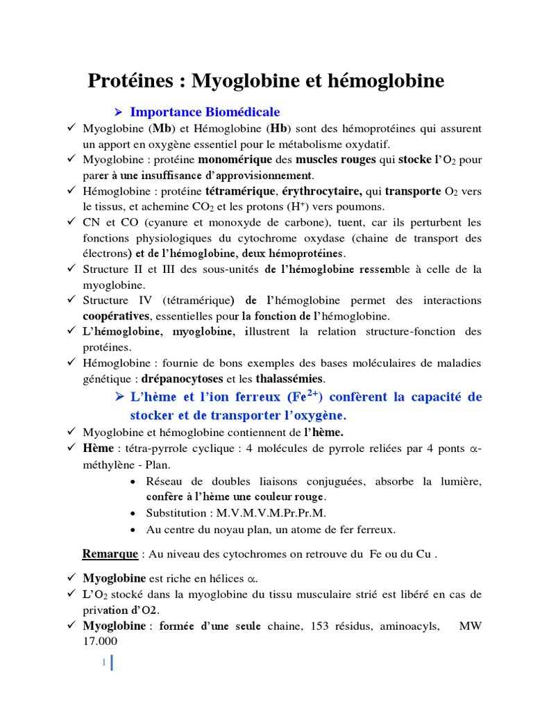 Myoglobine et Hémoglobine : Structure et Fonction | PDF | Hémoglobine ...