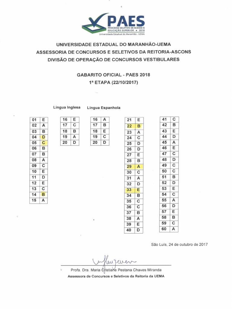 Gabarito Oficial PAES 2018 | PDF
