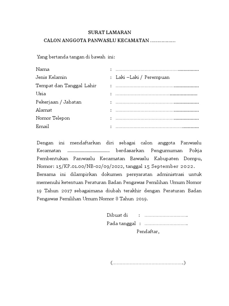 Surat Lamaran Calon Anggota Panwaslu Kecamatan | PDF
