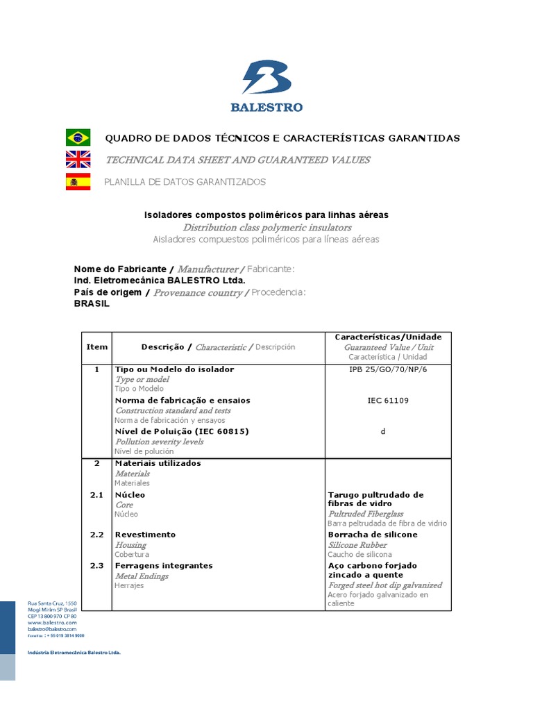 Características técnicas e valores garantidos de isoladores compostos ...