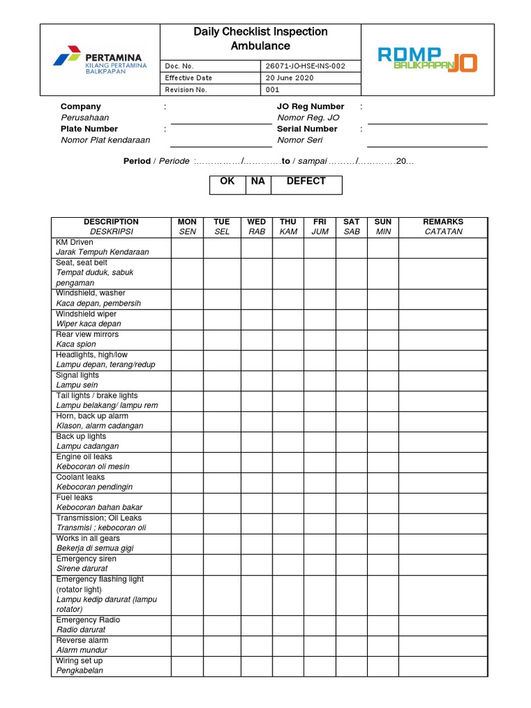 Daily Checklist Ambulance R.001 | PDF