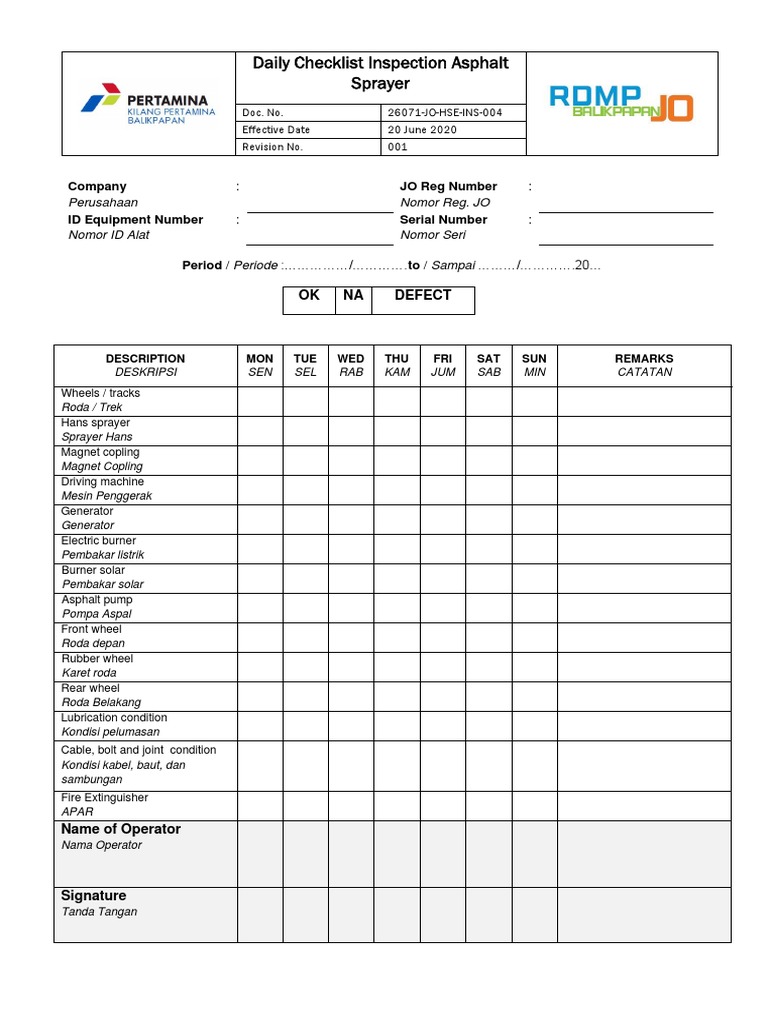 004. Daily Checklist Asphalt Sprayer R.001 | PDF