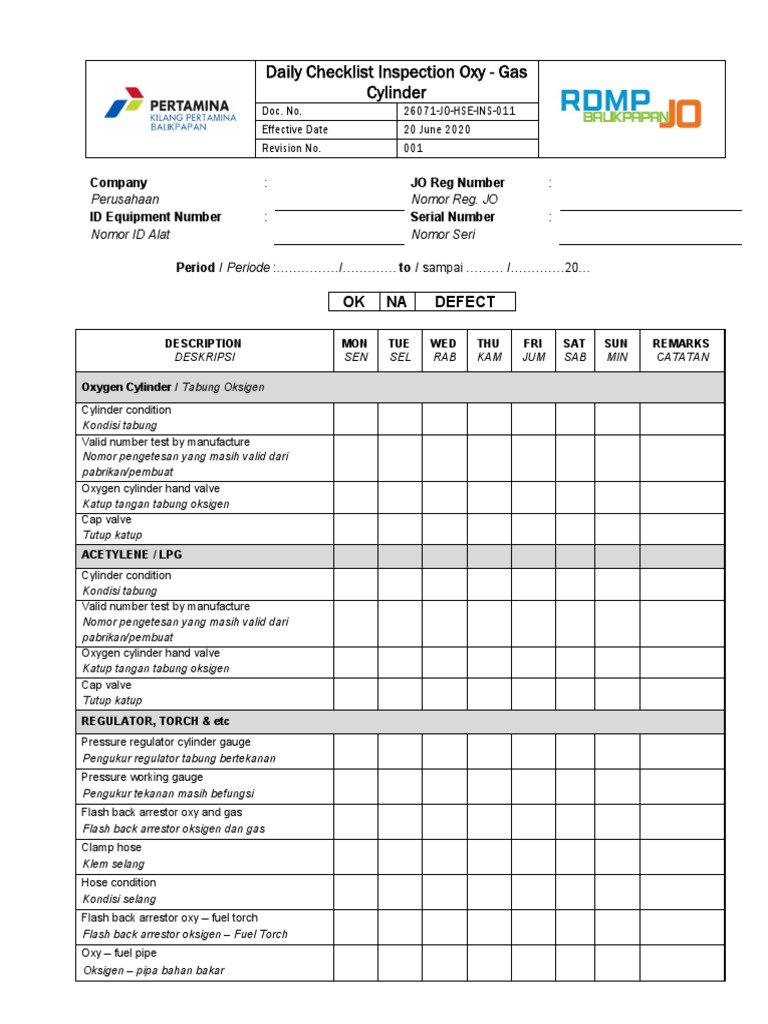 Checklist Harian Tabung Gas Oksigen | PDF
