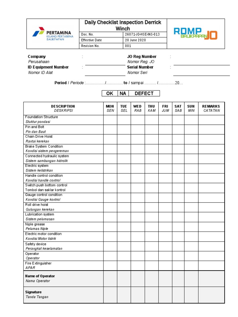 Daily Derrick Winch Inspection Checklist | PDF
