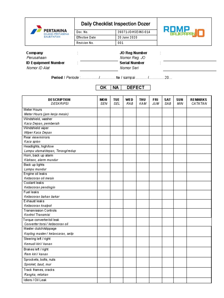 Daily Equipment Inspection Report for Dozer with Serial Number 26071-JO ...