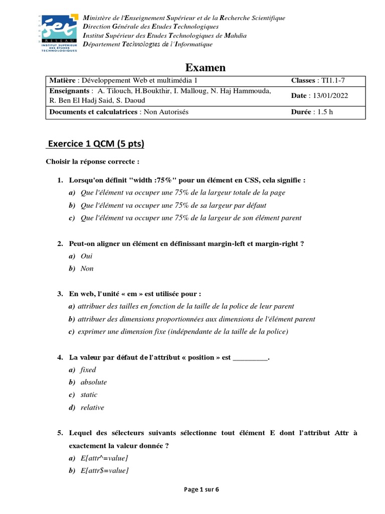 Examen Développement Web et CSS | PDF | Internet | Internet et Web