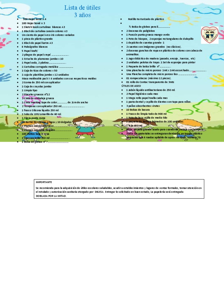 Lista de útiles escolares para 3 años | PDF | Materiales | Materiales ...