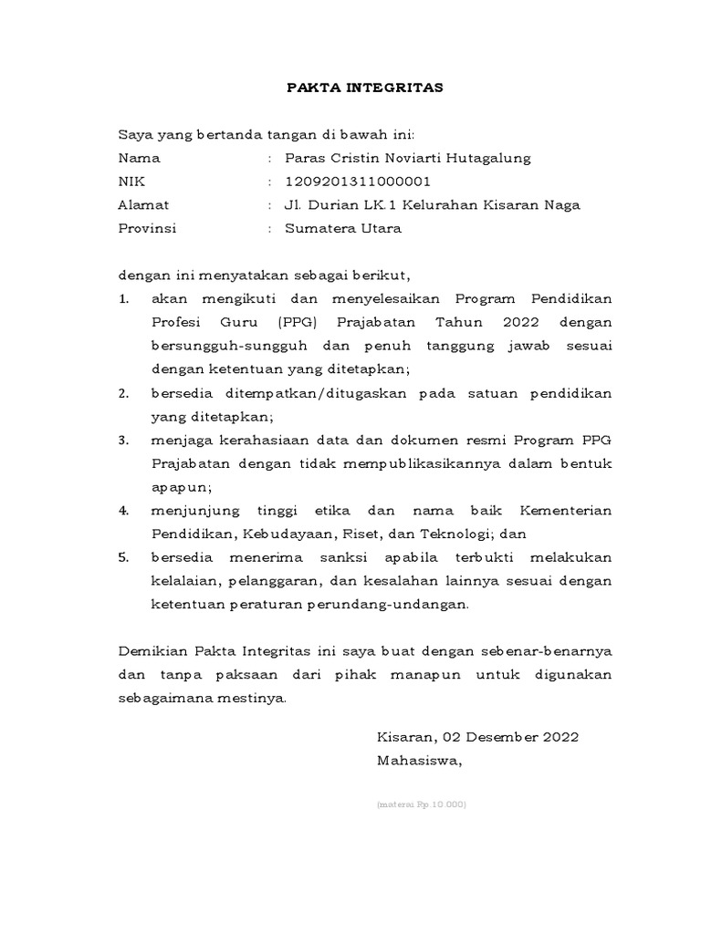 Pakta Integritas Mahasiswa PPG Prajabatan 2022 | PDF