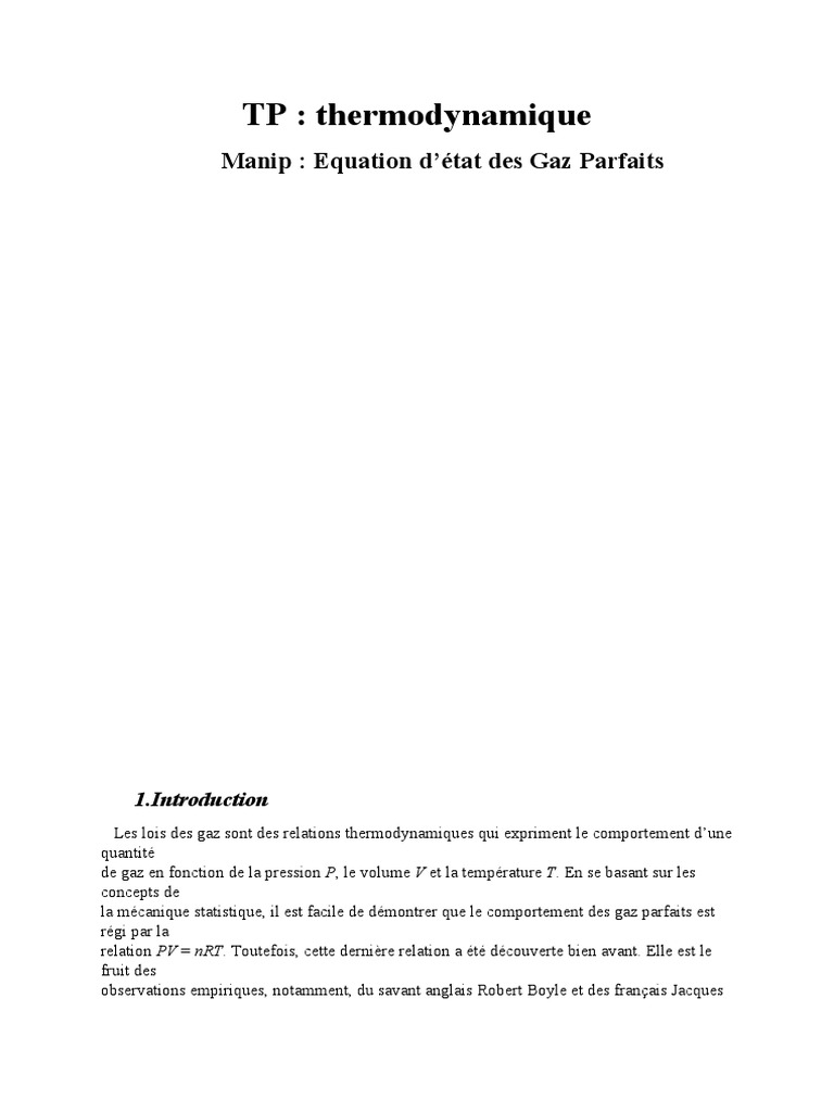 TP: Thermodynamique: Manip: Equation D'état Des Gaz Parfaits | PDF