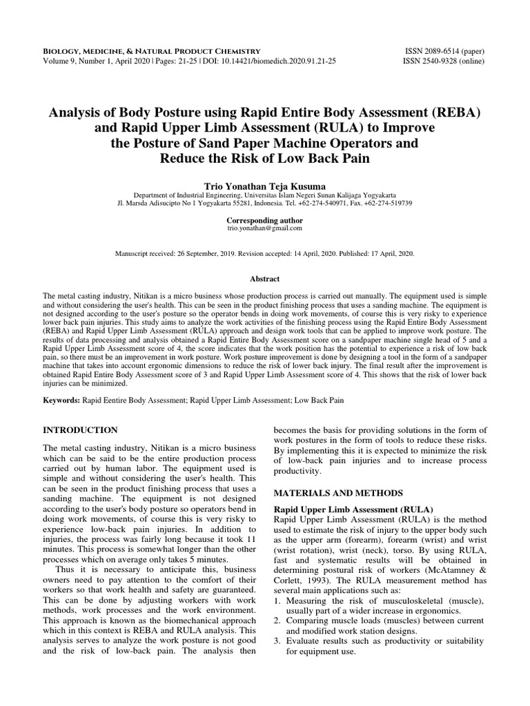 Analysis of Body Posture Using Rapid Entire Body Assessment (REBA) and ...