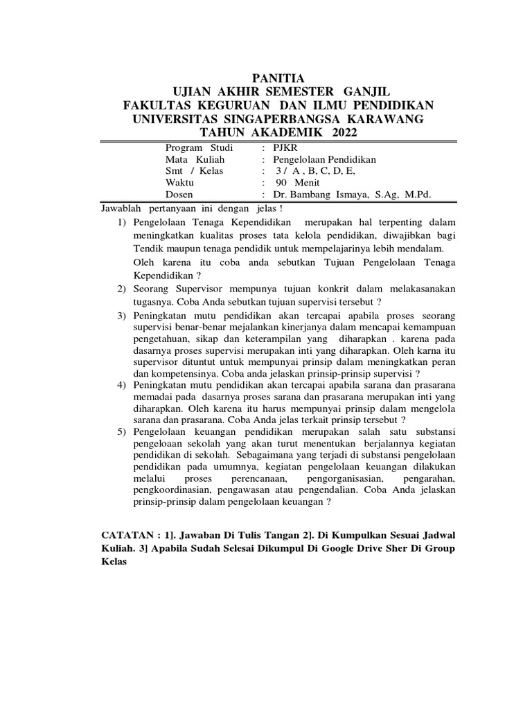 Soal Uas Pengelolaan Pendidikan PJKR Semester 3 - 2022 | PDF