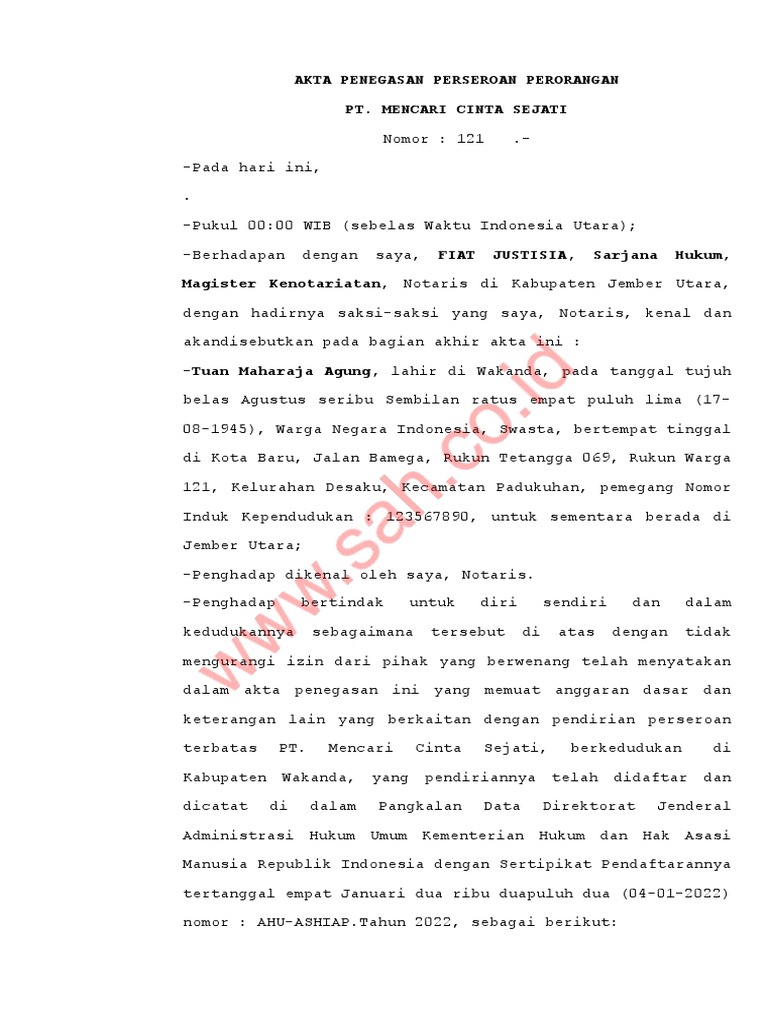 Contoh Akta Penengasan PT Perorangan 1 | PDF