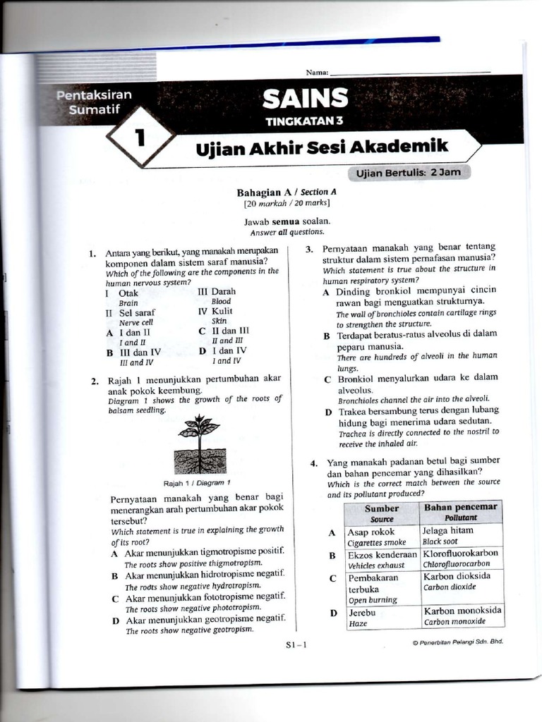 Sains Form 3 Kertas Model Peperiksaan Akhir Tahun Part 1 | PDF