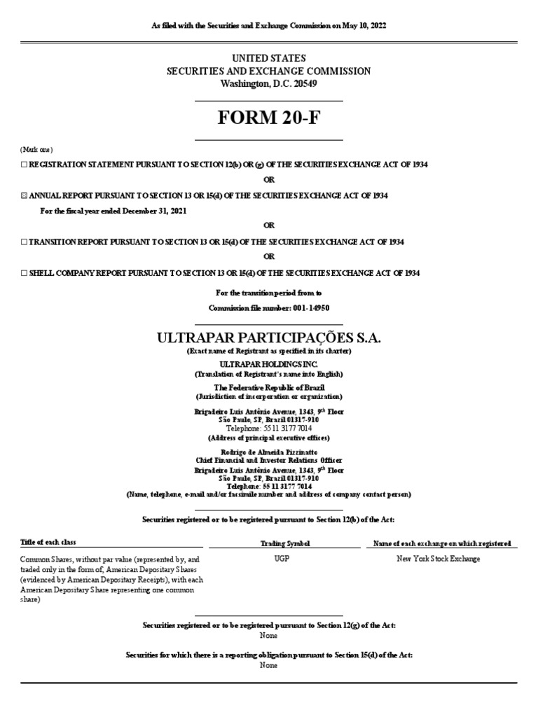 FORM 20-F: Ultrapar Participações S.A | PDF | Securities (Finance ...