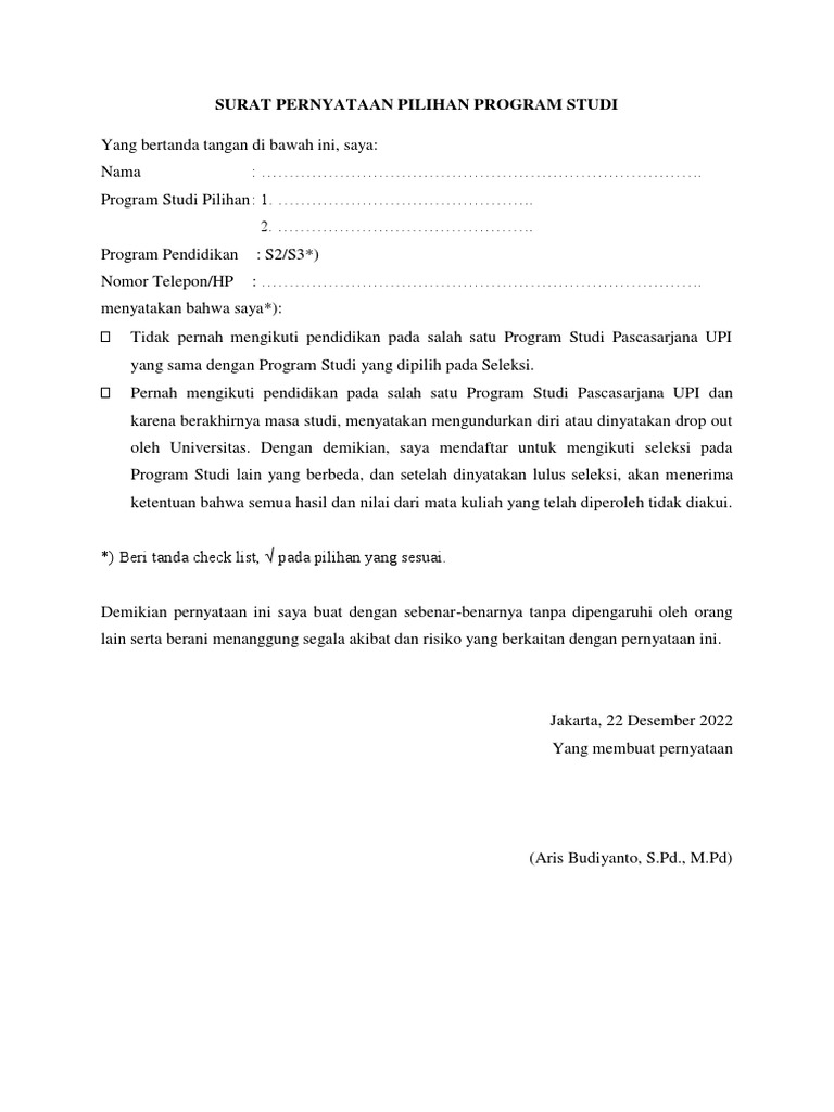 Surat Pernyataan Program Studi UPI | PDF