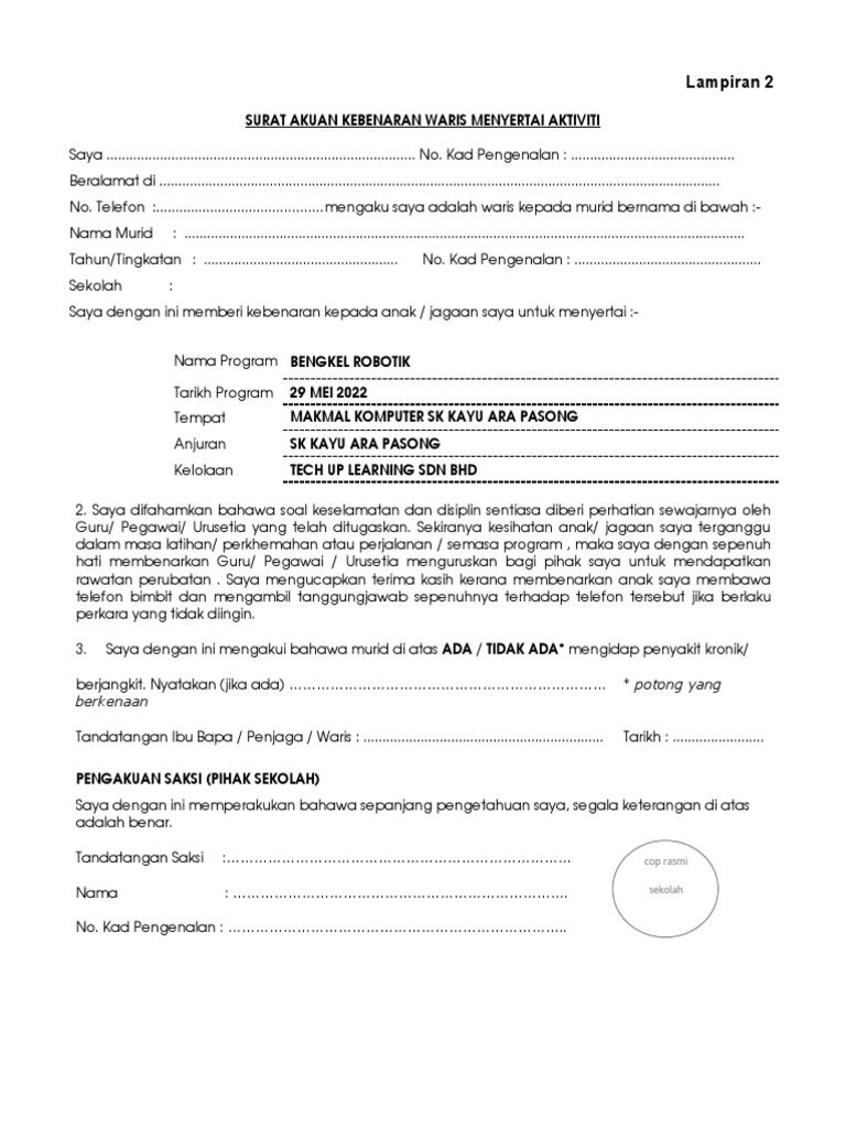 Borang-Borang Kebenaran Dan Kesihatan Aktiviti Sekolah | PDF