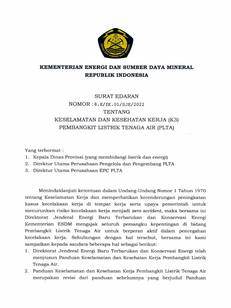 Panduan Keselamatan Dan Kesehatan Kerja K3 PLTA | PDF