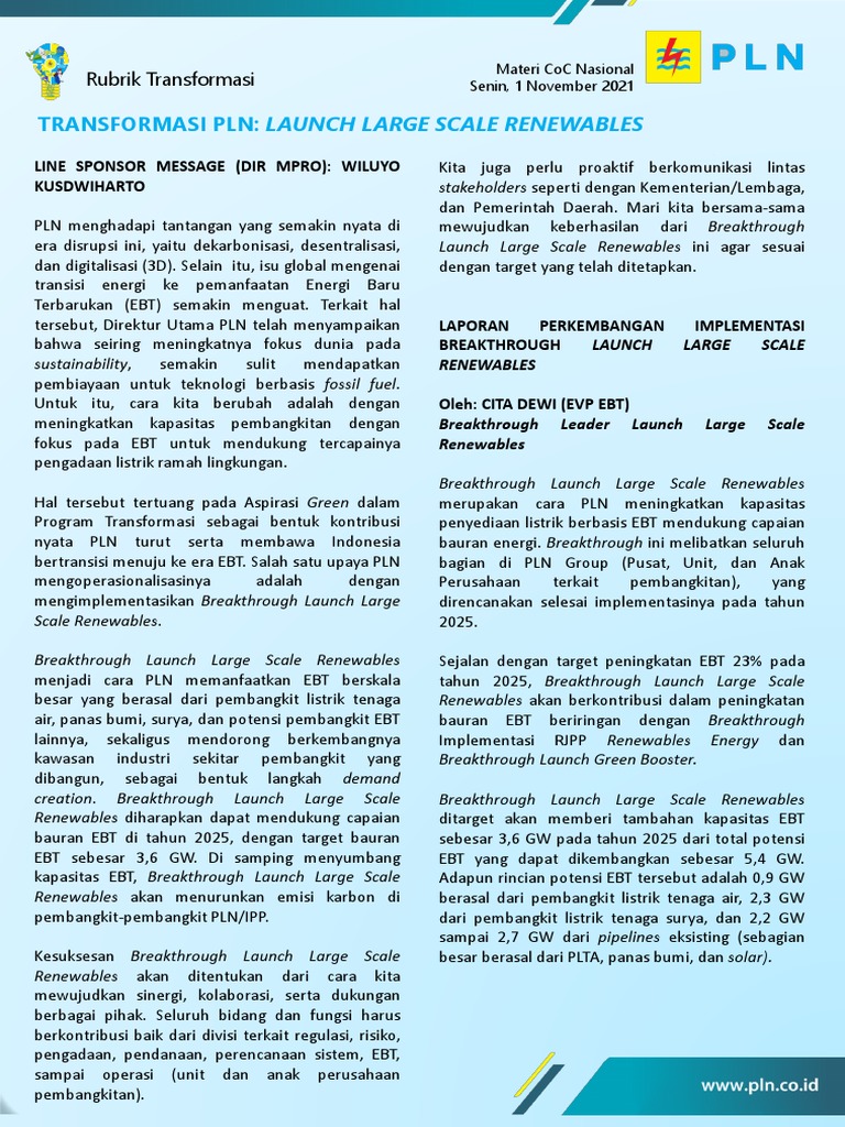 Materi CoC Nasional-TRANSFORMASI PLN-LAUNCH LARGE SCALE RENEWABLES | PDF