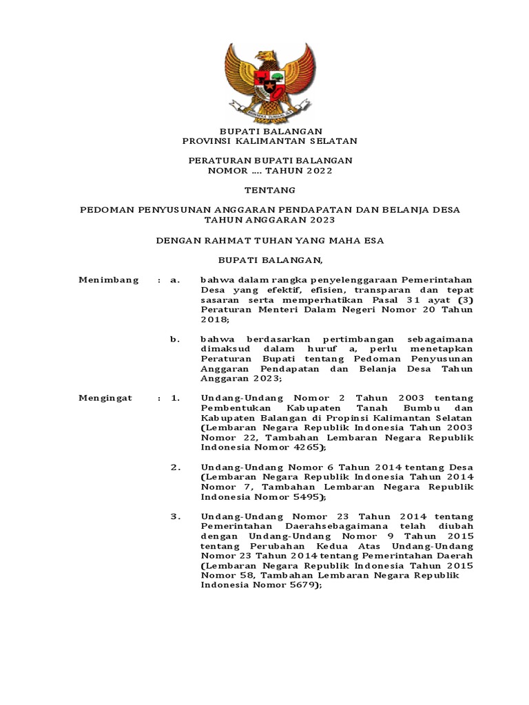 Draft Perbup Pedoman Penyusunan Apb Desa Ta 2023 | PDF